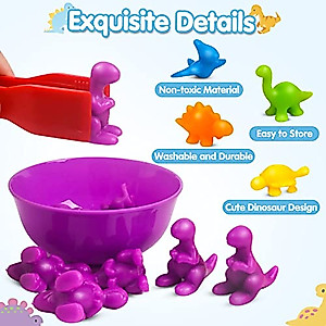 Counting Dinosaurs Toys Matching Game with Sorting Bowls Preschool Learning Activities Montessori Sensory Teaching Toys for Math Counters Color Sorting for Toddlers Kids Age 3+ Old Boys Girls