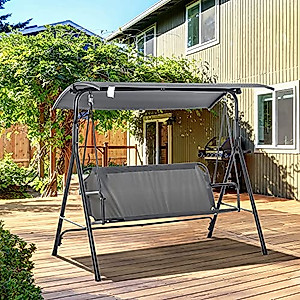 Outsunny Outdoor Patio Swing Chair, Seats 3 Adults, Includes Stand, Adjustable Sun Shade Canopy, Steel Frame, Shaded Bench, Gray