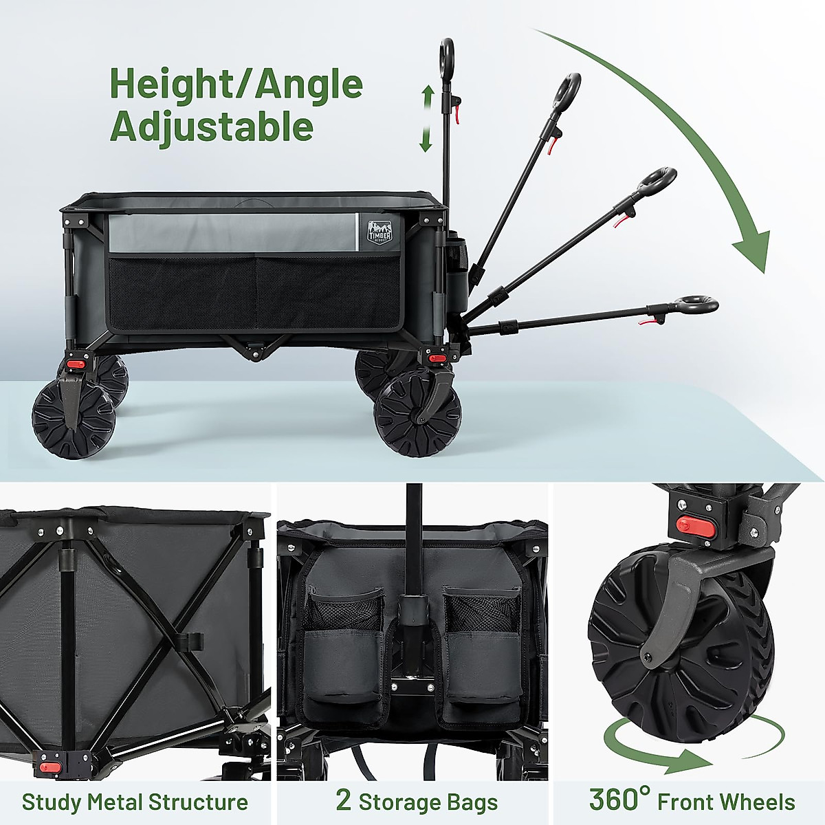 TIMBER RIDGE Outdoor Collapsible Wagon Utility Folding Cart Heavy Duty All Terrain Wheels for Shopping Camping Garden with Side Bag and Cup Holders, Grey