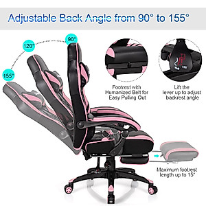 GYMAX Gaming Chair, Ergonomic Computer Chair with Footrest, Linkage Armrests & Lumbar Cushion, Big Wide High Back Video Gaming Chair, Reclining Office Rolling Chair for Adult/Teens (Pink)