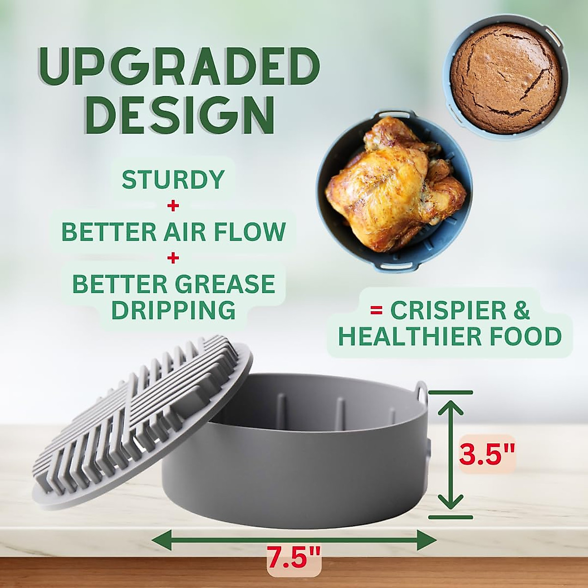 Reusable Silicone Air Fryer Basket – Sturdy Air Fryer Accessory, BPA-Free Silicone Basket Liner (Grey, 7.5")