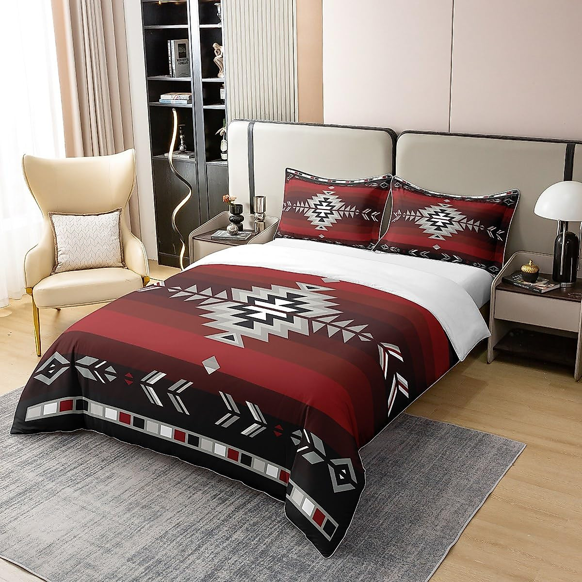 King Size 100% Cotton Southwest Native Design Duvet Cover Southwestern Geometric Bedding Set Ultra Soft Tribal Comforter Cover Set Red Grey Bedspread Cover Room Decor Bedclothes Zipper
