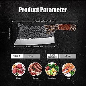 ROCOCO Cleaver Knife Meat Cutting Heavy Duty 8.6" Large Hand Forged Chinese Bone Vegetable Dragon Butcher Chopper Viking Cutter for Kitchen Outdoor with Sheath Father's Mother's Day Birthday Gift Men