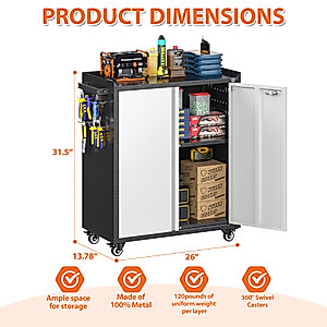 Aobabo 31.5" H Metal Storage Cabinet with Wheels, Locking Steel Rolling Tools Chest with Handle, Garage Tool Storage Cabinet with 1 Shelves 2 Side Pegboards and 4 Hooks,Assembly Required, Black Grey