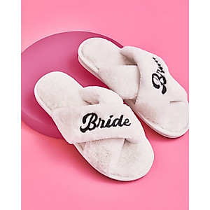 xo, Fetti Bride Slippers, White Fur, S/M | Bachelorette Party Decorations, Wedding Day Sandals, Bridesmaid Gift, Bridal Shower Party Favor