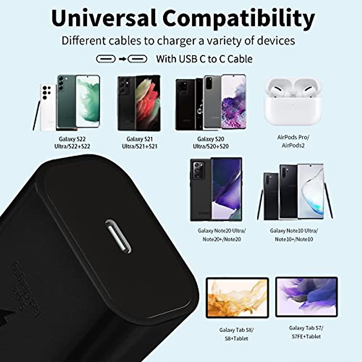 Samsung Galaxy S20 FE 5G S21 S23 Ultra Plus A53 Phone Fast Charger, Samsung USB-C Super Fast Charging Power Adapter-25W PD Charger Block, Samsung Galaxy Note 10 20 Type C Fast Charging EP-TA800