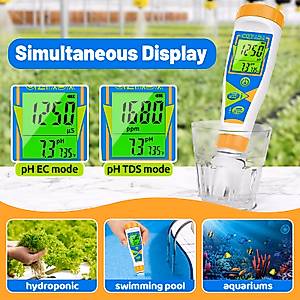 CIZTADA pH Meter for Water Digital EC and PPM Meter for Hydroponics Nutrient 4 in 1 pH EC TDS Temperature Tester with Large Display for Indoor Plant Grow DWC Setup Aeroponic Pool Aquarium