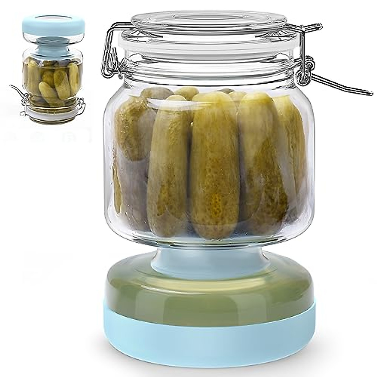 Trtyldt Glass Pickle Jar with Strainer Flip,Hourglass Pickle Juice Separator Jar for Olives,Gherkins or Sliced Pickles, 40.5oz Pickle Container Refrigerator Dishwasher Safe (light blue)