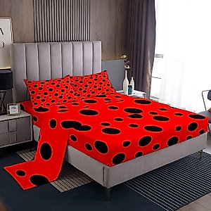 Castle Fairy Ladybug Sheet Set,Kids Red and Black Bed Sheets Set,Polka Dot Pattern Bedding Set for Boys Teens Sheets Soft Room Decor Twin Size(1 Flat Sheet+1 Fitted Sheet+1 Pillowcase)