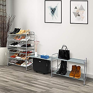 Simple Trending 3-Tier Stackable Shoe Rack, Expandable & Adjustable Fabric Shoe Shelf Storage Organizer,Silver