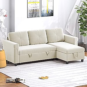 BALUS L-Shape Reversible Dutch Velvet Sleeper Sectional Sofa with Storage Chaise, Pull Out Sofa Bed, Corner Couch with Arms for Living Room, Home Furniture, Apartment, Dorm (Beige)