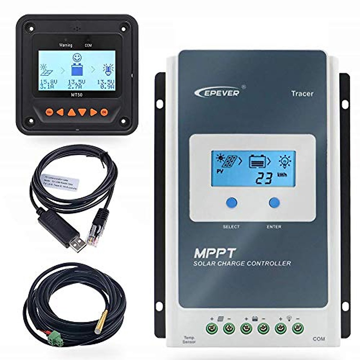 EPEVER 40A MPPT Solar Charge Controller 12/24V DC Tracer-an Series Charge Controller with MT50 Remote Meter &Temperature Sensor &RS485 Cable fit for Lithium, Sealed, AGM Battery Negative Grounded
