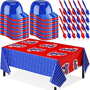 49 Pcs Baseball Party Decorations 24 Count Baseball Helmet Ice Cream Bowl, 1 Plastic Baseball Tablecloth 51 x 87 Inch with 24 Spoons Red Blue 8 oz Mini Dessert Sundae Bowls Baseball Party Supplies