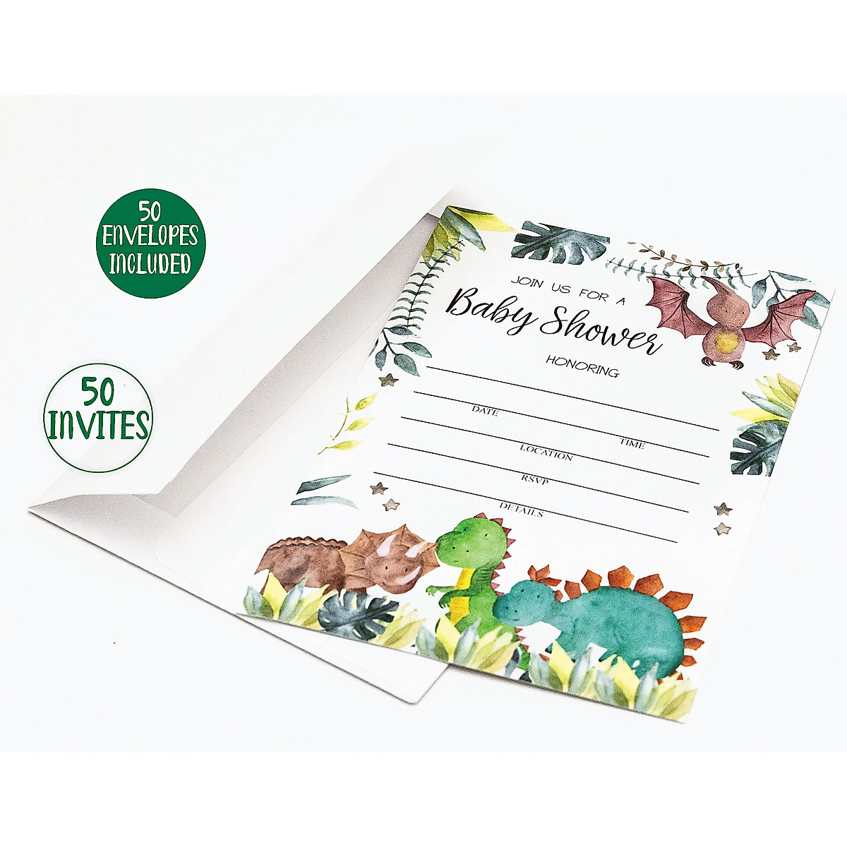 Baby Shower Invitations for Boy, 50 Invitations and Envelopes, Safari Jungle Fill-in Invites for Baby Showers, Dinosaur Baby Shower Decorations for Boys, Gender Reveal Parties (Large Size 5x7)