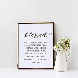 Andaz Press Unframed Black White Wall Art Decor, Bible Verses, James 1:12: Blessed is the man who perseveres, he will receive the crown of life that God has promised to those who love him., 1-Pack