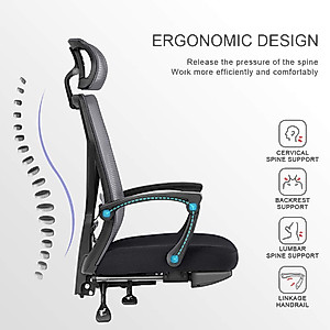 Dripex Ergonomic Office Chair Mesh Computer Desk Chairs with Lumbar Support/Adjustable Headrest/High Back/Wheels Arms, Swivel Rolling Chair for Home Office