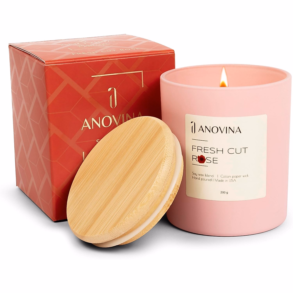 Anovina Soy Blend Rose Scented Candle with Gift Box. Non Toxic Candles for Home Rose Candle Gifts for Women, Glass Jar with Bamboo Lid. Smell The Freshly Cut Roses