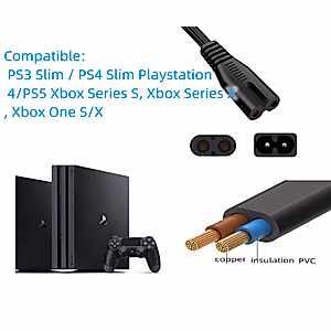 Vrllinking TV Power Cord 10Ft Cable for Samsung LG TCL Sony PS5: 2 Prong AC Wall Plug 2-Slot LED LCD Insignia Sharp Toshiba JVC Hisense Electronics UN65KS8000FXZA UN40J5200AFXZA 43UH6100 Printers Xbox