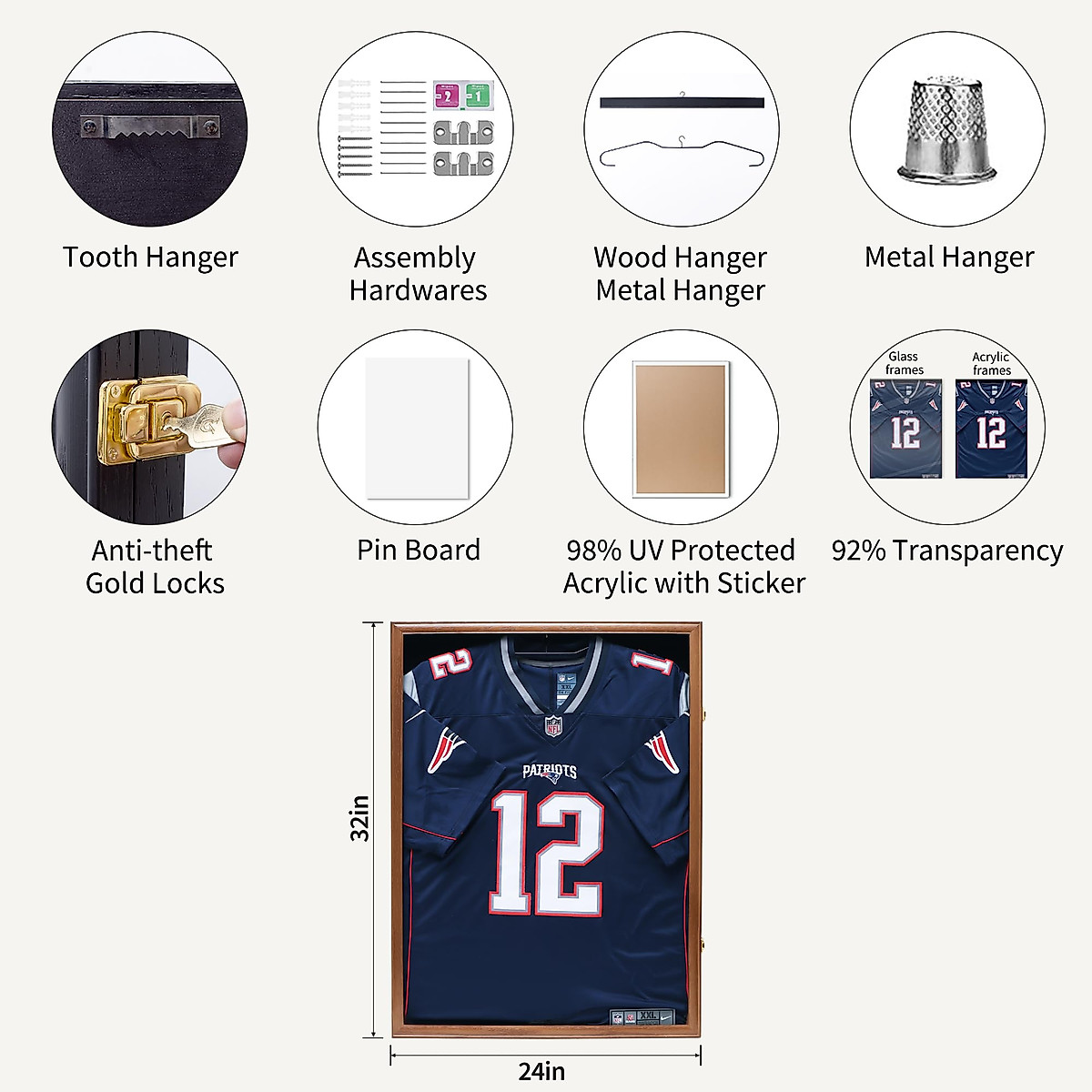 Jersey Frame Display Case - Solid Oak Wood Frame Shadow Boxes for Jersey Display Lockable with UV Protection Acrylic and 2 Hangers for Baseball Basketball Football Hockey Shirt, Walnut