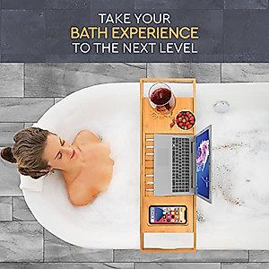 Bambüsi Premium Bathtub Tray Caddy - Bamboo Expandable Bath Tray - Unique House Warming Gifts, New Home, Anniversary & Wedding Gifts for Couple, Bridal Shower Gift for Women