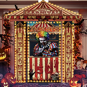 Yoojahow 4 Pcs Halloween Creepy Carnival Decorations Include Porch Banner Door Decorations Scary Ticket Booth Circus Theme Door Cover for Halloween Backdrop Hanging Theme Party Outdoor Decorations