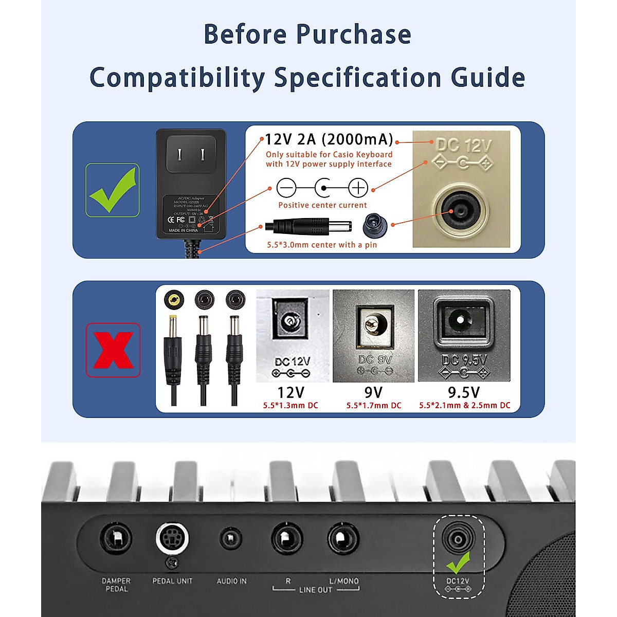 12V 2A Ac Dc Adapter for Casio Privia Power Cord, Compatible with Casio Digital Piano Keyboard AD-A12150LW, AD-A1215LW PX-130 PX-350 PX-160 PX-150 CDP-120 CTK-6000 CTK-6300 CTK-7200 Power Supply