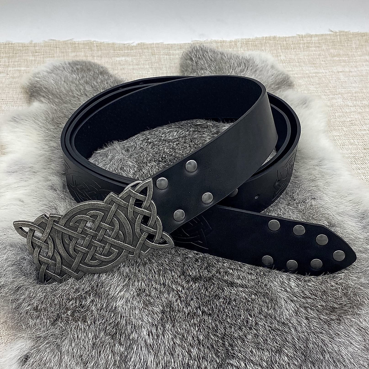 Viking Leather Belt Medieval Embossed PU Leather O Ring Belt Renaissance Leather Ring Belt,LARP Halloween Knight Corset Belt (Black)