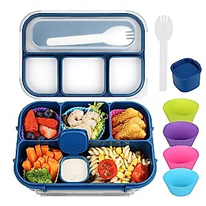 MaMix Bento Box Adult Lunch Box, Lunch Box Kids,Lunch Containers for Adults/Kids/Toddler,1300ML-4 Compartment Bento Lunch Box,with Accessories 4 Pcs Reusable Silicone Cups (Blue)