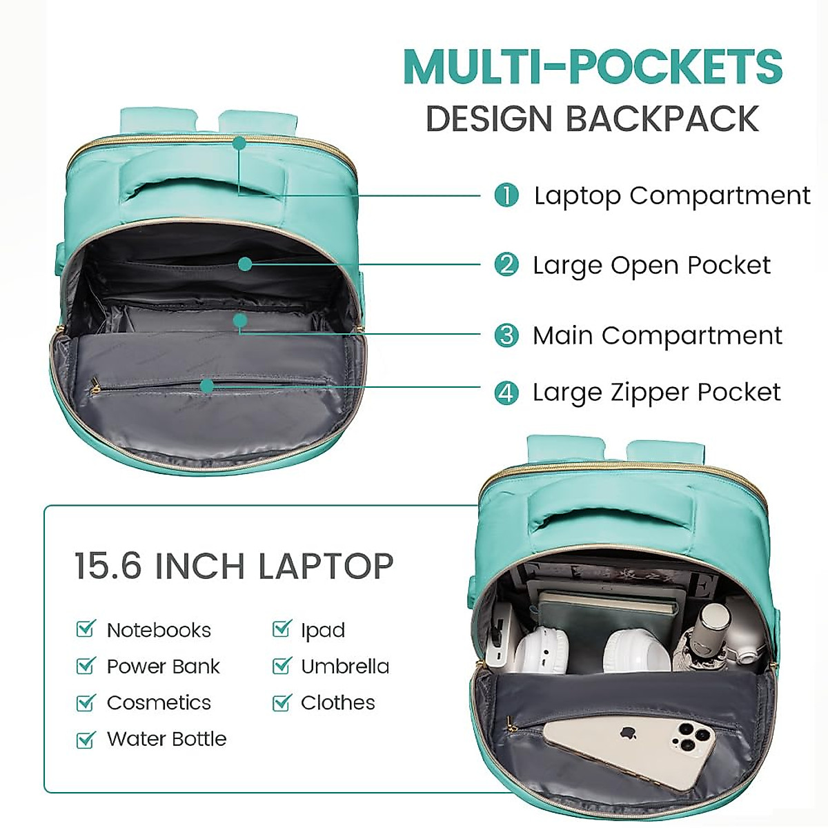 LOVEVOOK Laptop Backpack for Women,15.6 Inch College Travel Computer Back Pack, Backpacks with USB Port,Work Business Water Resistant Bag with Laptop Compartment for Teacher Nurse,Green-White