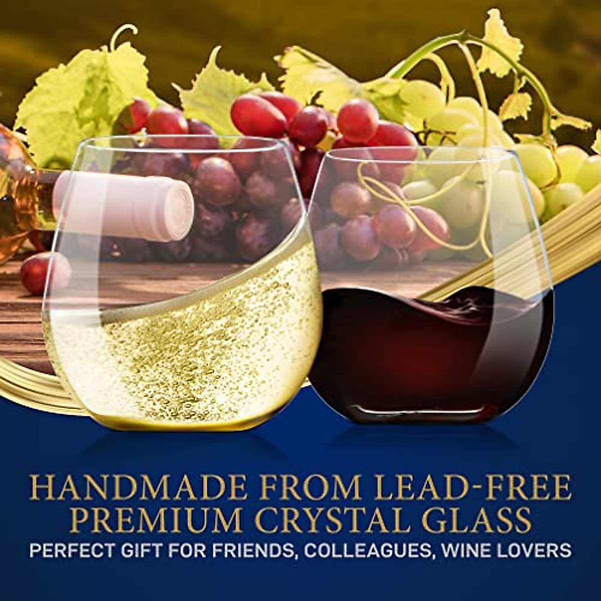 NutriChef 15oz Stemless Wine Glasses - Set of 2 Ultra Thin Elegant Red & White Wine Clear Crystal Glass Drinkware, Lead-Free, Hand Blown Seamless Bowl, Dishwasher Safe,