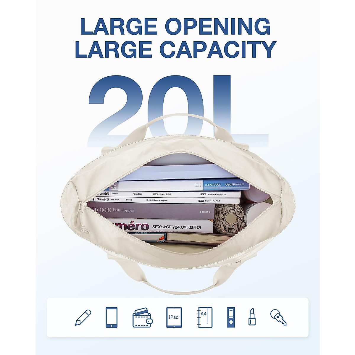 BAGSMART Women Foldable Tote Bag with Drawstring Storage Bag, Large Tote Bag Shoulder Bag Top Handle Handbag for Travel, Work, Beach, Gym, Shop, (Beige)