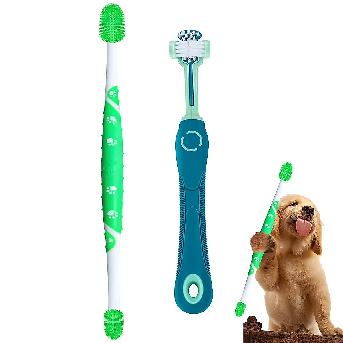 Dog Toothbrush 2PCS Dog Tooth Brush Three Sided Dog Tooth Brush Dual Head Toothbrush for Dogs, Soft Bristles Dog Tooth Brushing Kit Silicone 360 Degree Pet Toothbrush for Puppy Cat Dog Teeth Clean