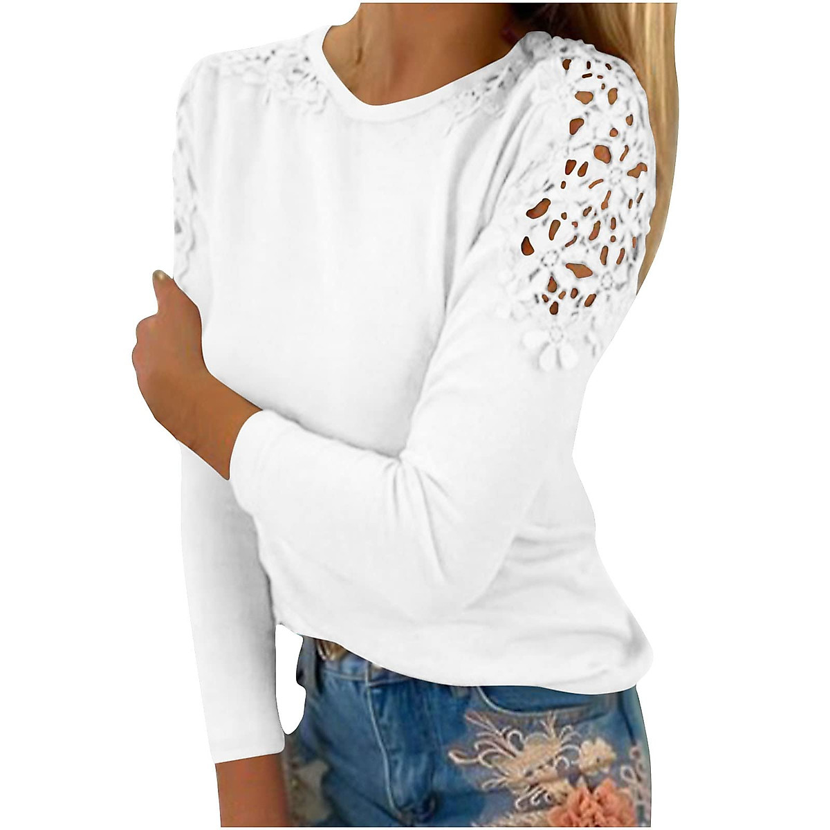 Fall Shirts for Women 2023 Trendy Round Neck Long Sleeves Blouse Tops V Neck Button Down Casual Floral Print Tunic Shirt, 1 White, XL