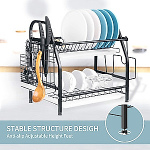 alvorog 2-Tier Dish Drying Rack with Utensil Holder and Cutting Board Holder, Stainless Steel Dish Rack with Removable Drain Boards Large Capacity Dish Drainer Kitchen Organizer for Countertop (Black)