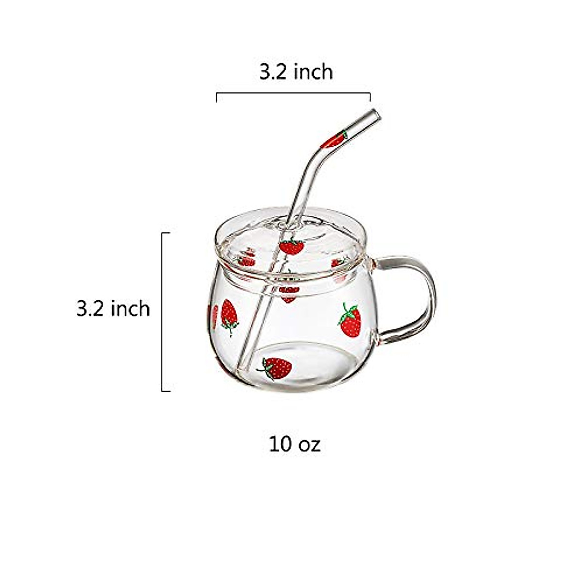 JHNIF 10 Oz Lovely Strawberry Clear Glass Mug with Lid and Straw.