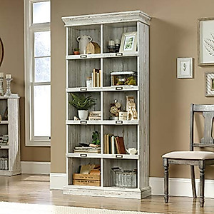 Sauder Barrister Lane Bookcase, L: 35.55" x W: 13.5" x H: 75.04", White Plank & Trestle 5-Shelf Bookcase, Chalked Chestnut Finish