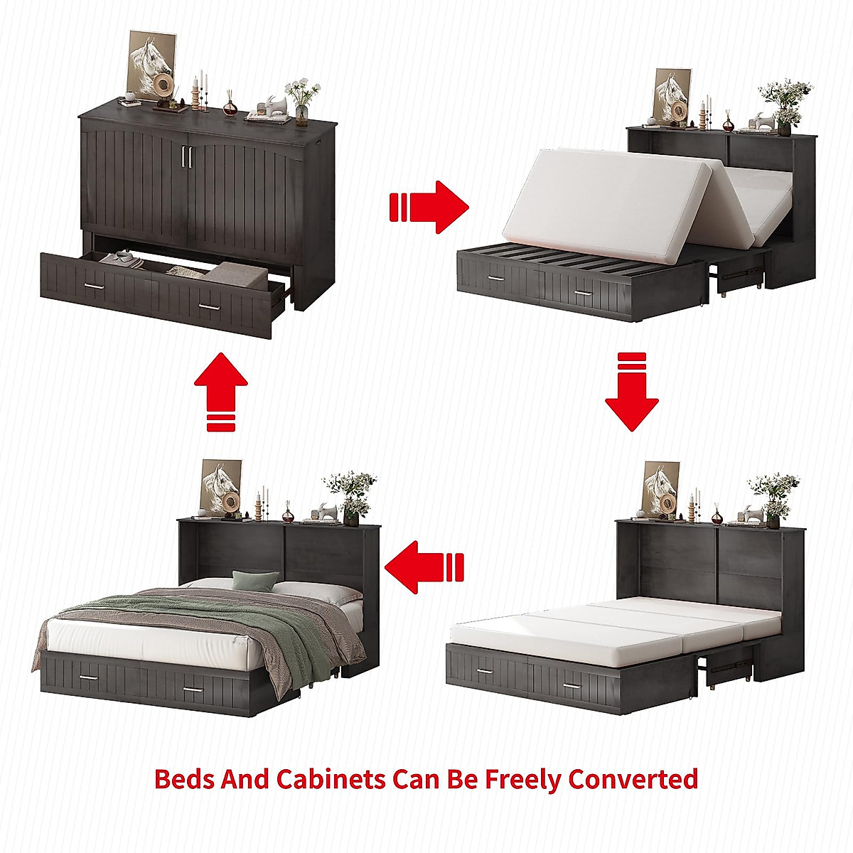 PUREMIND Murphy Bed Cabinet with Built-in Charging Station and Storage Drawer, Solid Wood Cabinet Bed Queen Size with Mattress, Murphy Cube Chest Bed for Guest Room, Home, Office,Gray