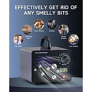 CREWORKS Ozone Generator, 15000 mg/h High Capacity Ozone Machine for Car Home Smoke Pet Odor Removal, Commercial Ozone Odor Eliminator Air Purifier with Timer Display for 3200 sq ft Room, Black