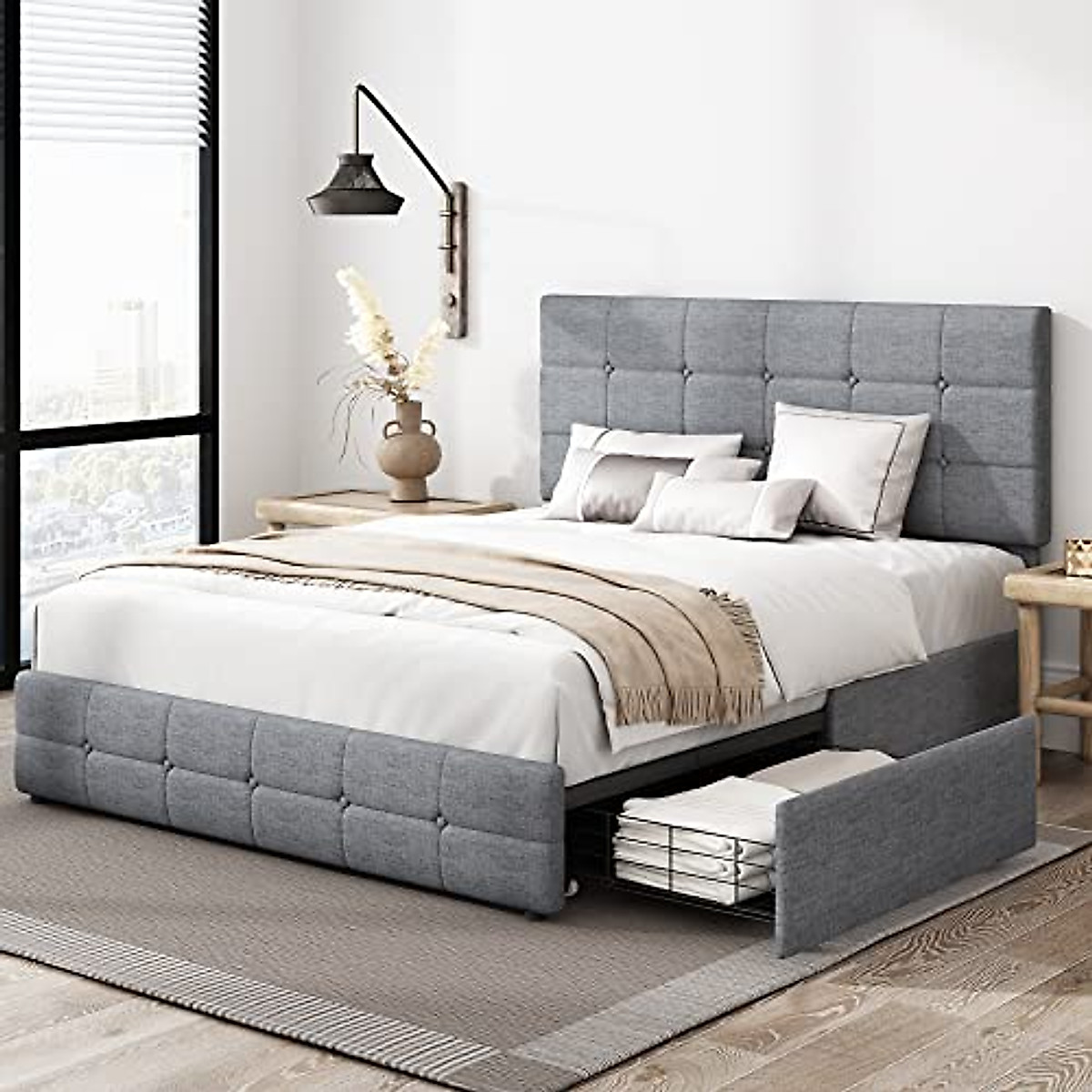 Keyluv Modern Upholstered Queen Bed Frame with 4 Storage Drawers, Platform Bed with Button Tufted Headboard, Solid Wooden Slat Support, Easy Assembly, Grey