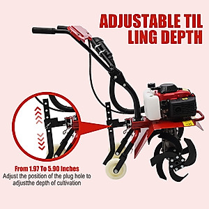 Garden Tiller/Cultivator 63CC 4-Stroke Gas Powered Hand Rotary Front Tine Tiller Rototiller Garden Tool Cordless, Gear Drive Transmission, Adjustable Tilling Depth