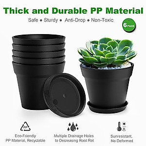 FHWTY 6 Pack Plastic Plant Pots with Drainage Holes and Tray, 4 inch Thickened Indoor Planters Seedlings Nursery Pots for Flowers, African Violet, Succulent and All House Plants, Black