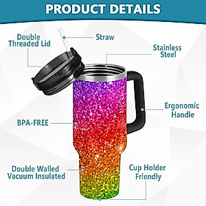 Yasala Car Tumbler with Handle Rainbow Glitter Shine Travel Mug Coffee Cup Insulated Beverage Container Mega Cup for Hot Cold Drinking Thermos Water Bottle Cupholder Friendly 40 oz