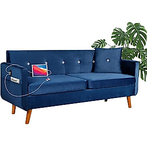TYBOATLE 65" Modern Velvet Sofa Couch w/ 2 USB, Clear Glass Button Tufted Upholstered Love Seats for Living Room, Apartment, Bedroom (Blue)