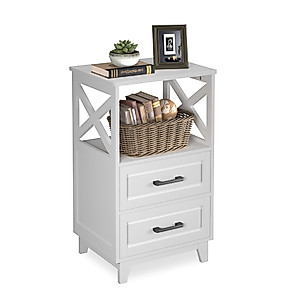 RoyalCraft Tall Nightstand, Side Table with 2 Drawers and Open Shelf, Bedside Table with Solid Feet, Modern Night Stand End Table for Bedroom, Home Office, White
