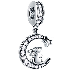 Rabbit on Crescent Moon Pendant Charms, fits Pandora Easter Bracelet, 925 Sterling Silver Bunny Animal Dangle Beads with CZ Moon Star, Gift for Christmas/Birthday/Pet Lover