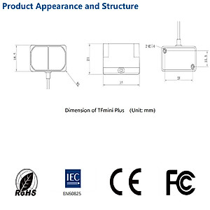 youyeetoo TFmini Plus Lidar Sensor Module Single-Point Ranging Module 0.1-12m Measurement Range Distance, for Drone Industrial Sensing Robot Smart Home Support I/O, UART and I2C