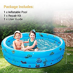 AsterOutdoor Kids Inflatable Swimming Pool 3 Rings Round Pools Baby Ball Pit Paddling Pool for Toddler/Kiddie/Girl/Boy, Indoor&Outdoor Water Game Play Center for Garden, Blue, 59" x 16"
