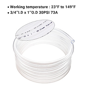 Clear Vinyl Tubing 3/4" ID × 1" OD -10 Ft 30PSI,Flexible Plastic Tubing,Lightweight Plastic Tubing,Oil Resistant Hybrid Multipurpose Industrial Vinyl Hose