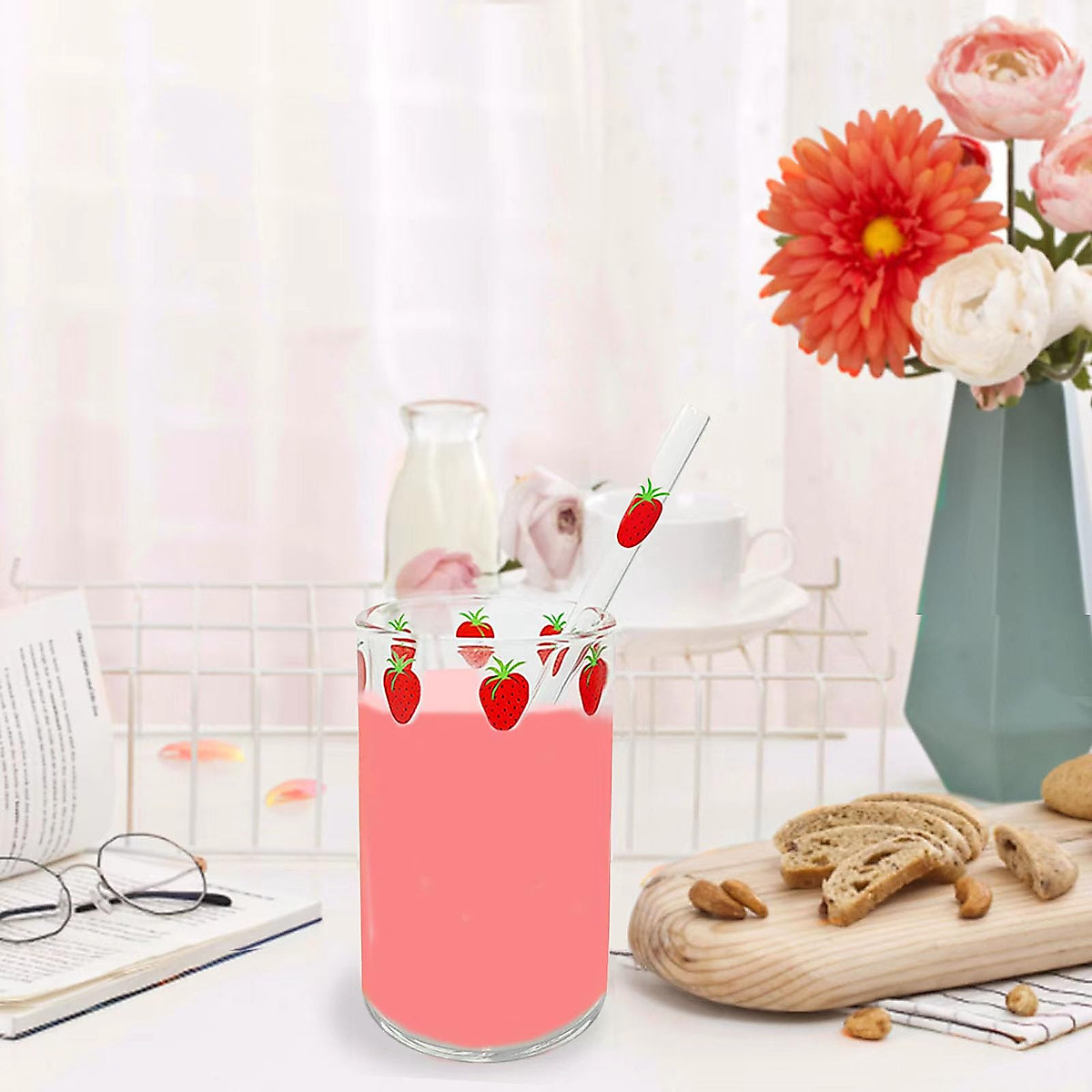 BolianOvi Cups, 2 Sets - 300ML Thickened Glass Tumbler with Straws, Strawberry Pattern, Cute Drinking Cups for Water, Juice, Milk, Coffee, Tea, Gift