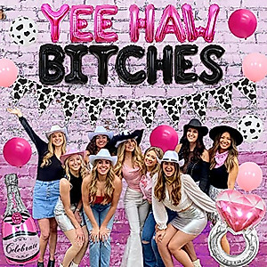 Western Bachelorette Party Decorations, Hot Pink and Black Yeehaw Bitches Balloon Cow Print Pennant Banner, Cowgirl Nashville Bridal Shower Supplies